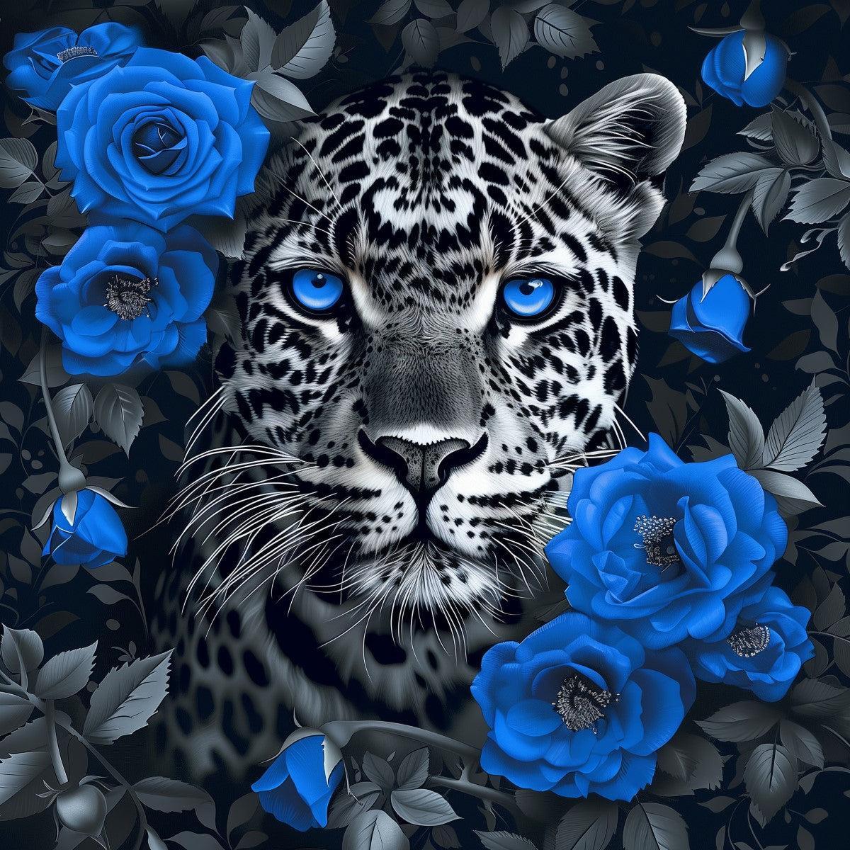 Luipaard met blauwe rozen | Diamond Painting – Happy Painting